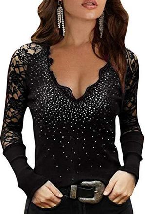 Onsoyours T-Shirt Femme Mode Col en V Revers Zipper Tops Élégant Imprimé Chemise À Manches Longues Slim Fit Blouse Basique Boutons Top Hauts Couleur Unie Shirt 