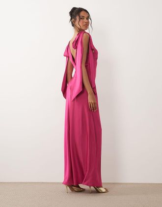 Tfnc Robe longue en satin avec noeud sur l&eacute;paule et dos &eacute;chancr&eacute; - Rose fonc&eacute;-Rouge