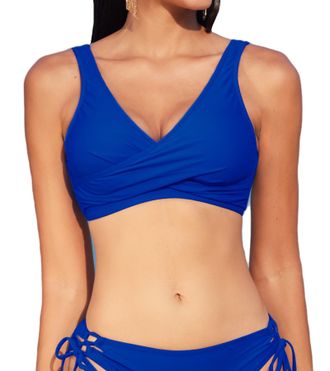Cupshe Damen Bikini Oberteil V Ausschnitt Wickeloptik Crossover Lace Up Bralette Bademode Breite Tr&auml;ger Bikini Top K&ouml;nigsblau S