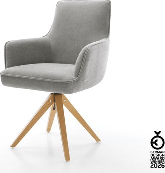 DELIFE Drehstuhl Heira-Flex mit Armlehnen Strukturstoff Soft Grau Holzgestell kantig Natur 180&deg; drehbar Taschenfederkern, Esszimmerst&uuml;hle