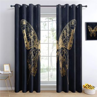 Generic Vorhang Totenkopf und Schmetterling Druck Verdunkelungsvorhänge mit Aufdruck Gardinen mit Ösen Gold Superweich Vorhang Blickdicht für Deko Wohnzimmer 