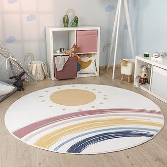 Paco Home Tapis Rond Chambre Enfant Bebe Fille Garcon Arc-en-Ciel Lavable en Machine Moderne, Dimension:100 cm Rond, Couleur:Blanc