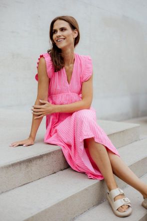 Von Herzen Maxikleid Musselinkleid mit Streifen - 100% Baumwolle - Streifenkleid pink/rosa Volants an den &Auml;rmeln