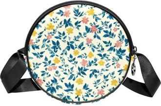 Generic Petit sac &agrave; bandouli&egrave;re circulaire pour femme, motif feuilles florales, sac &agrave; dos avec fermeture &eacute;clair, bretelles r&eacute;glables, sac &agrave; main rond d&eacute;contra