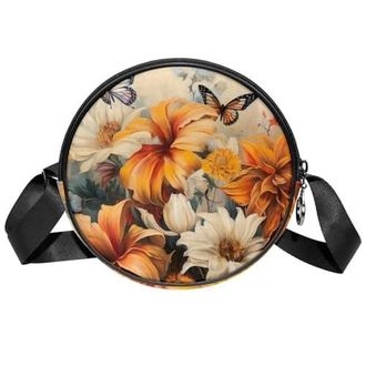 Generic Sac &agrave; bandouli&egrave;re rond pour femme, motif fleurs et papillons, petit sac &agrave; bandouli&egrave;re avec fermeture &eacute;clair, bretelles r&eacute;glables, sac &agrave; main rond d&eacute;co