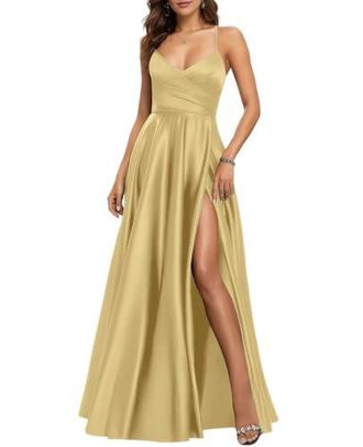 Generic Robe de bal en satin &agrave; bretelles spaghetti pour femme avec corset fendu, robe de demoiselle dhonneur, robe de soir&eacute;e formelle, dor&eacute;, 52 Grande taille