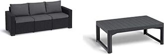 Keter Allibert by Gartenlounge Sofa California 3 Sitzer, Graphit/cool Grey,199 x 68 x 72 cm & Allibert by Gartentisch Lyon, Graphit, höhenverstellbar, vom L