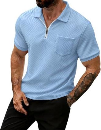 Generic Polo pour homme - Demi-fermeture &eacute;clair - Jacquard - Manches courtes - Col polo tendance - Chemise surdimensionn&eacute;e et confortable - V&ecirc;tement de travai