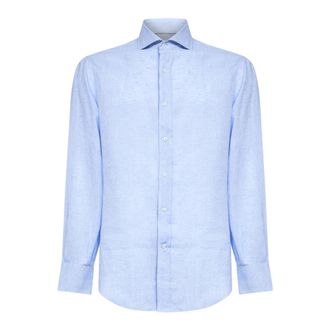 Brunello Cucinelli Homme, Chemises, Bleu, Taille: 2XL Spread-Collar Linen Shirt
