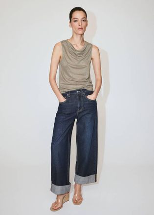 Mango Haut en lin &agrave; col drap&eacute; kaki - Femme - XXS - MANGO