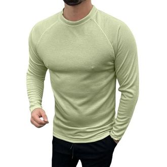 Generic DENGJIAMY Chemise raglan gaufr&eacute;e &agrave; manches longues classique &agrave; col rond pour homme T-shirts de printemps tendance hauts d&eacute;contract&eacute;s pour hommes, Vert