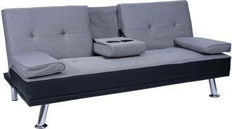 Hhg 3er-Sofa HHG 179, Couch Schlafsofa Gästebett, Tassenhalter verstellbar 97x166cm Kunstleder/Textil, schwarz/hellgrau