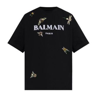 Balmain Logo T-Shirt Mit schimmernden Verzierungen - - Tops - Herren - Schwarzk - XL
