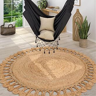 Paco Home Tapis Rond Salon Jute Motif Ethnique Boho Moderne Fait Main Tapis Naturel, Dimension:120 cm Rond, Couleur:Naturelle 5