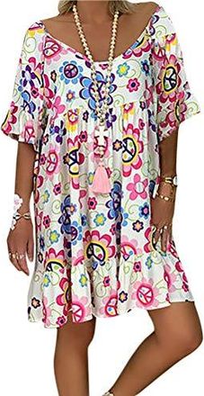 ORANDESIGNE Robe Ete Femme Robe de Plage Casual Imprimée Bohème Col V À Manches 3/4 Robe Chic Grande Taille Mini Robe Tunique D Blanc 48