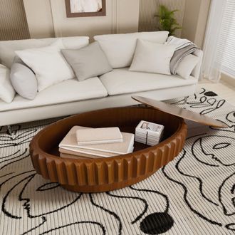 Generic Ovaler Trommel-Couchtisch (110 cm) - Handgefertigter, rustikal-schicker Teetisch aus Massivholz mit geriffelter Kante und Stauraum f&uuml;r kleine Wohnunge