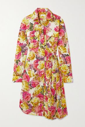 Dries Van Noten Wickelkleid Aus Baumwollpopeline Mit Blumenprint, Falten Und Bindeg&uuml;rtel - Ecru