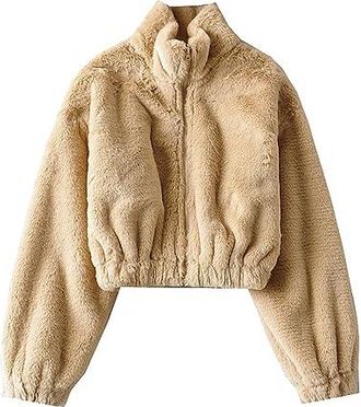 Generic Vestes dautomne et dhiver pour femme, couleur unie, courte, ample, fermeture &eacute;clair, cardigan, kaki, M