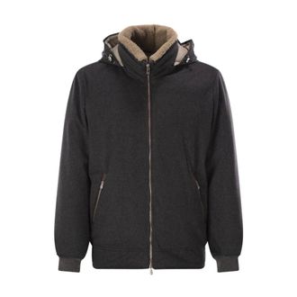 Brunello Cucinelli Blouson &agrave; capuche en laine et shearling - Homme - Vestes - Bleu - Taille: XL