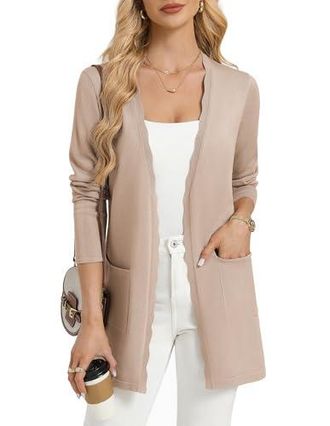Grace Karin Cardigan &agrave; manches longues et col en V pour femme, col ondul&eacute;, bol&eacute;ro long avec poches, cardigan dinvit&eacute; de mariage, kaki, M