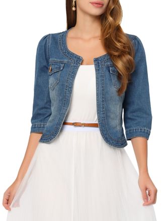 Allegra K Damen Jeansjacke 3/4 &Auml;rmel Open Front Kragenlos Jacke mit Taschen Blau M