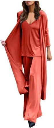 Generic Ensemble 3 pièces décontracté européen et tendance pour femme : bretelles à col en V + pantalon slim droit + cardigan long pour mariage, rouge, XXL