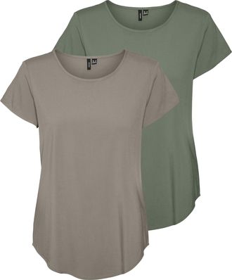 Vero Moda Damen VMBELLA SS TOP 2-Pack WVN GA Kurzärmeliges Rundhals Shirt, Vintage Khaki/Sea Spray, XXL
