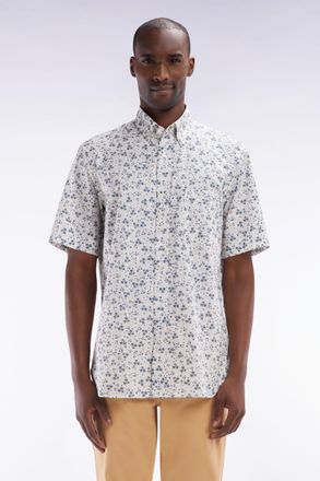 Eden Park Chemise &Agrave; Manches Courtes En Popeline De Coton &Eacute;crue Imprim&eacute; Floral Bleu Gris Coupe Droite