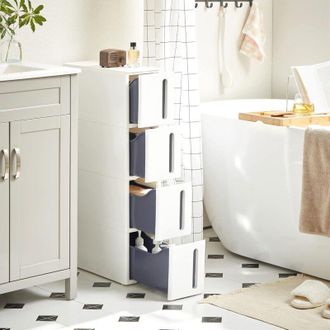 Songmics Tour de Rangement sur roulettes, Colonne de Cuisine &eacute;troite, &Eacute;tag&egrave;re Plastique &agrave; 4 Niveaux, Gain de Place, 45 x 17 x 84 cm, Blanc et Gris
