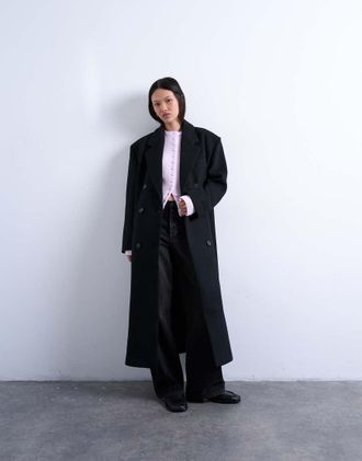 Topshop Zweireihiger, maskuliner Mantel in Schwarz mit Wollanteil