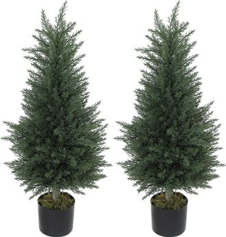 HOMCOM 2er Set K&uuml;nstliche Zypresse 90cm Kunstpflanze mit Moos, UV-Schutz Plastik K&uuml;nstliche Pflanzen im Topf, Kunstbaum Fake Plant wie echt f&uuml;r Wohnzimmer Sc