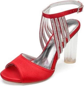 Generic Chaussures De Mariage Sandales À Talons Épais en Satin À Bout Ouvert Femme Mariée Bureau Travail Soir Hauts Sandale10.5Cm,Rouge,37 EU