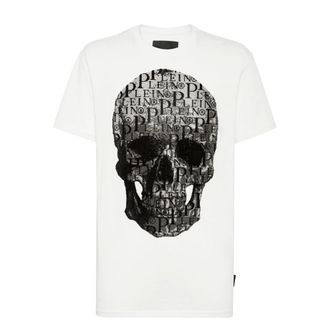 Philipp Plein unisex, Tops, Blanc, Taille: 3XL T-Shirt Col Rond MC Skull and Plein avec Cristaux