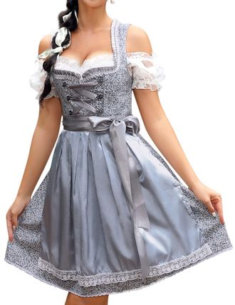 KOJOOIN Damen Dirndl Trachtenkleid Kurz Set 3tlg. f&uuml;r Oktoberfest inkl. Dirndl Kleid,Dirndlsch&uuml;rze,Dirndlbluse Grau-blau(3tlg.) 48