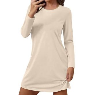 Generic Chemise de nuit midi &agrave; manches longues UK - Chemises de nuit en coton pour femme - Robe de nuit grande taille &agrave; manches longues - Col rond - Chemises 