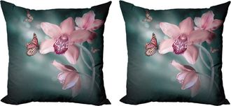 Abakuhaus Blumen Dekokissen Kissenbezug 2er Pack, Orchideen-Blume Schmetterling, Modern Accent Doppelseitiger Digitaldruck, 45x45, Baby-Rosa und Jade-Grün