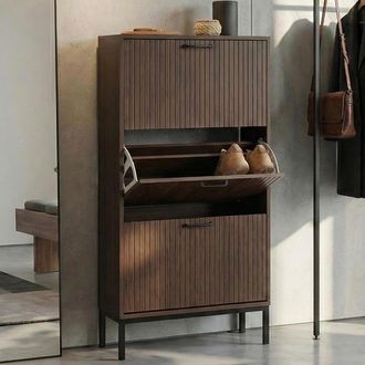 Mendler Schuhkipper HWC-P48, Schuhregal Schuhschrank, 3 Kippf&auml;cher Ablage MDF Melamin 125x60x25cm - Walnuss-Optik