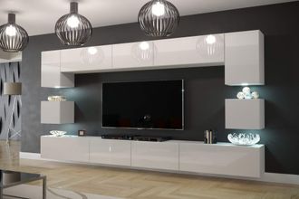 Furnitech Wohnwand Wohnzimmer Möbel (Weiß) mit LED RGB - 16 Farben - Hängend Wohnzimmerwand Modern - Schrankwand mit Regale und TV Schrank (Nowara AN1-17W-HG21 