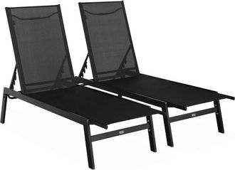 Sweeek Lot de 2 transats noir. 5 positions. en textilène et métal. FLORA. L155 x P59 x H106cm
