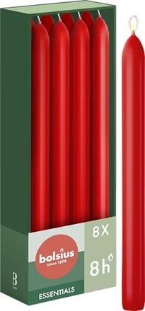 Bolsius 8 bougies coniques - Rouge - 23 cm - Longue dur&eacute;e de combustion de 8 heures - Sans parfum - 25% cire naturelle v&eacute;g&eacute;talienne - Sans huile de palme - Va