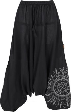 Guru Shop Haremshose Pluderhose,Pumphose mit Mandala, Aladinhose aus Baumwolle - Schwarz, Damen