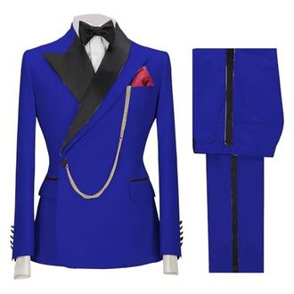 Generic Costume 2 pi&egrave;ces pour homme avec fermoir en m&eacute;tal coupe ajust&eacute;e blazer costume et pantalon ensemble d&eacute;contract&eacute; daffaires mariage smoking, bleu, 3XL