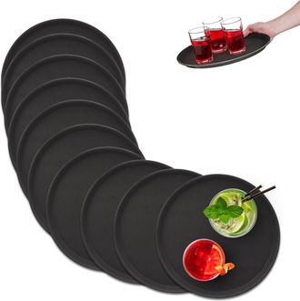 Relaxdays Serviertablett im 10er Set, rutschfeste Oberfl&auml;che, rundes Kellnertablett, Gastronomie, &Oslash; 35 cm, schwarz