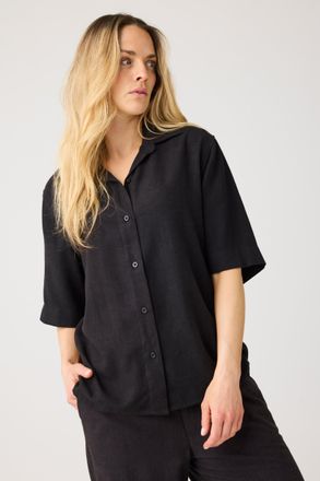 Knowledge Cotton Apparel Damen vegan Shirt Kurzarm Leinen Mix Schwarz Jet