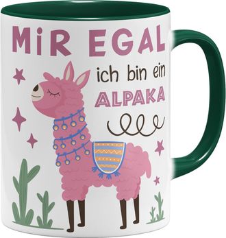 OM3 lustige Alpaca Lama Kaffee-Tasse mit Spruch - Mir egal ich bin ein Alpaka - Keramik Becher - 325ml - Beidseitig Bedruckt - Grün
