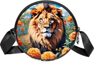 Generic Petit sac &agrave; bandouli&egrave;re circulaire pour femme, motif fleur de lion, sac &agrave; dos avec fermeture &eacute;clair, bretelles r&eacute;glables, sac &agrave; main rond d&eacute;contract&eacute; 