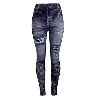 Generic Leggings de costume dHalloween pour femme - Legging en faux jeans pour femme - Legging r&eacute;tro d&eacute;chir&eacute; imprim&eacute; tie-dye pantalon magique taille haute dou