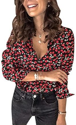 ORANDESIGNE Chemisier Femme Manches Longues T Shirt à Pois Chic Col en V Blouse Tunique Décontractée Classique Chic Boutonné Chemise Tops X1 Rouge 38