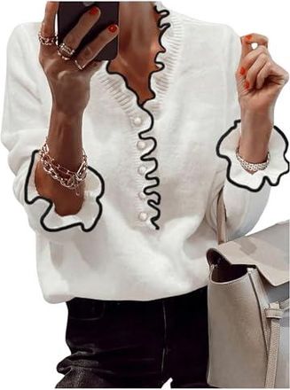 Generic Pull en tricot &agrave; manches longues et col en V pour femme avec boutons, couche de base en m&eacute;lange de coton, Styles 5, XXL