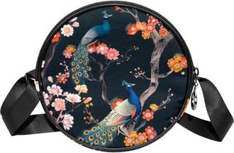 Generic Petit sac &agrave; bandouli&egrave;re rond pour femme, motif fleur de paon avec fermeture &eacute;clair, bretelles r&eacute;glables, sac &agrave; main rond d&eacute;contract&eacute; pour femmes et fi